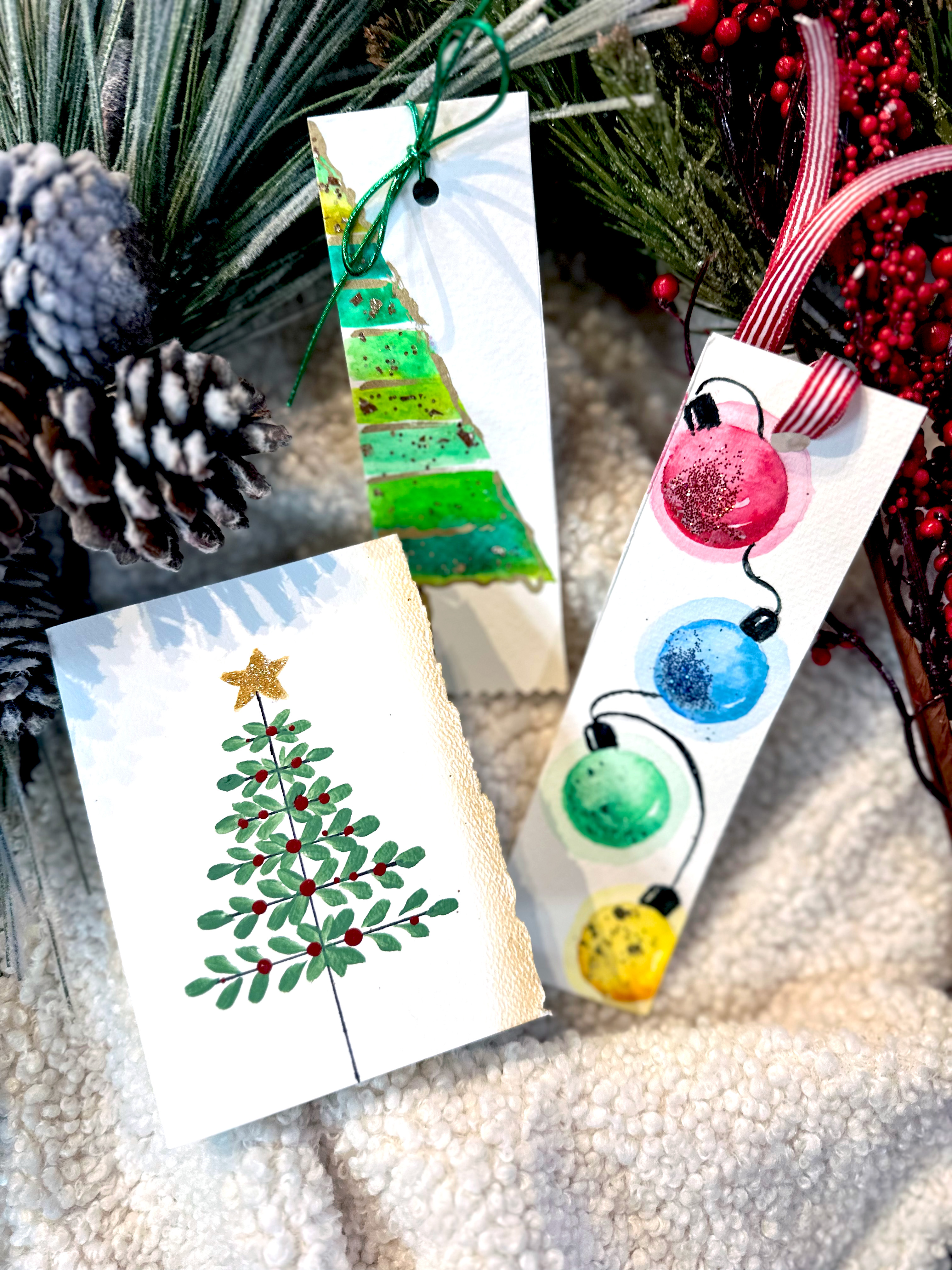 Cartes de Noël à l'aquarelle, acrylique et médiums